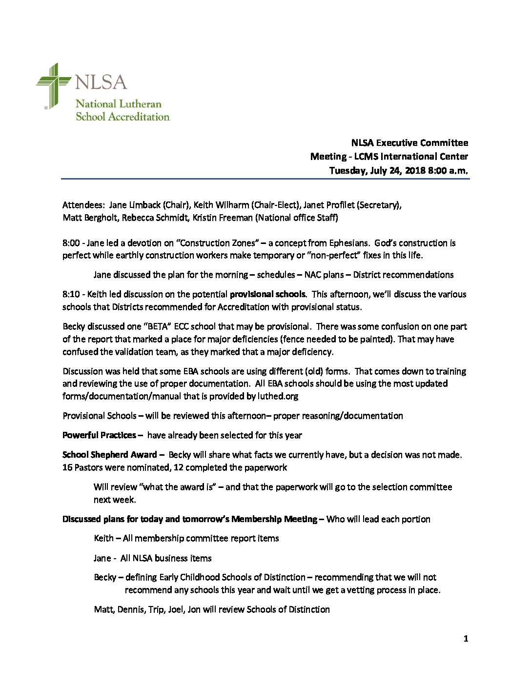 2018 NLSA NAC Executive Committee Minutes | LuthEd
