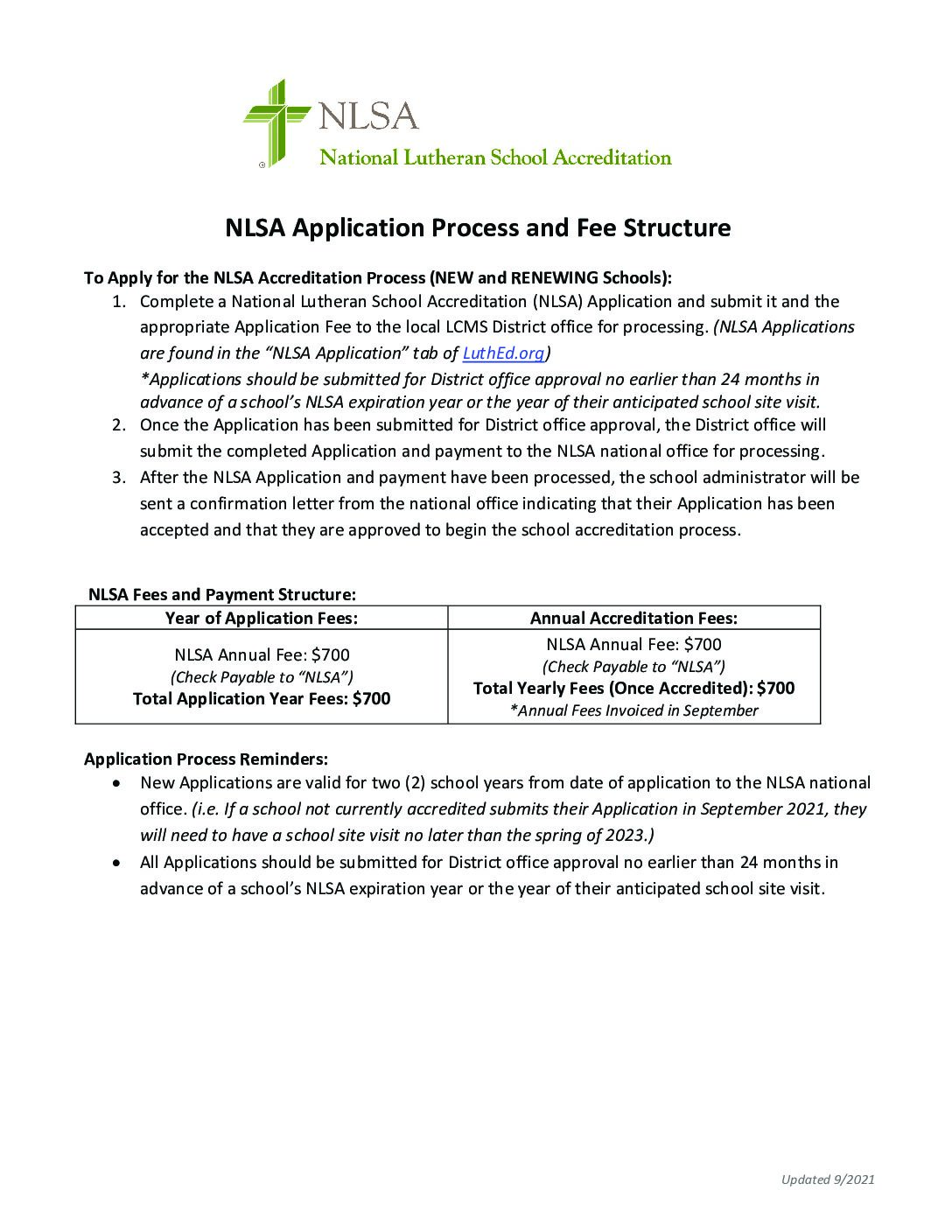 NLSA Application Process and Fee Structure 9-2021 | LuthEd
