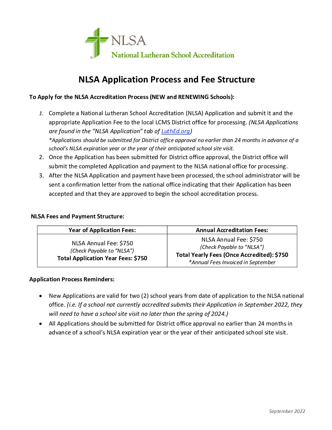 NLSA Application Process and Fee Structure 9-2022 | LuthEd